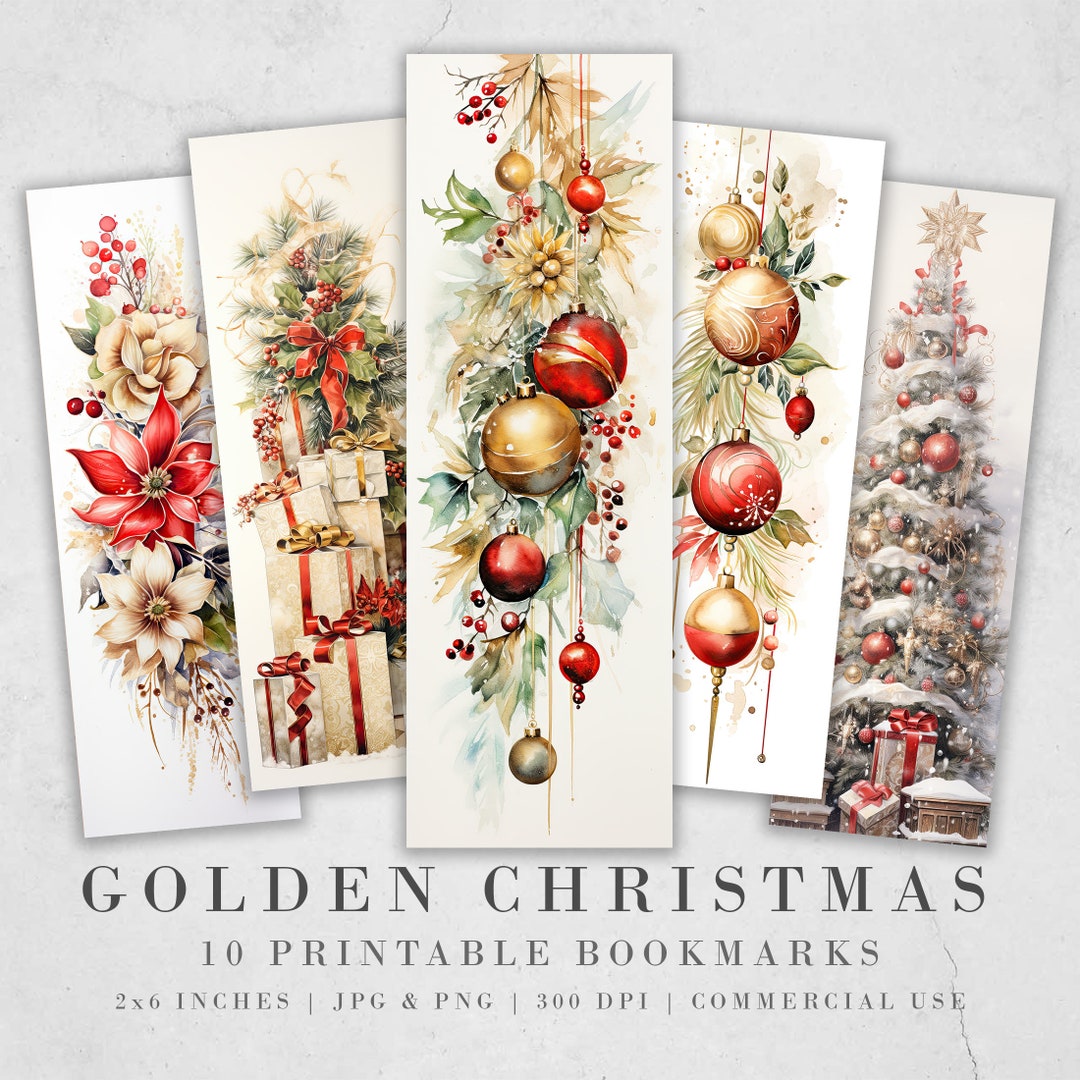 10 Golden Christmas Printable Bookmarks | Digital Download JPG Bookmark ...