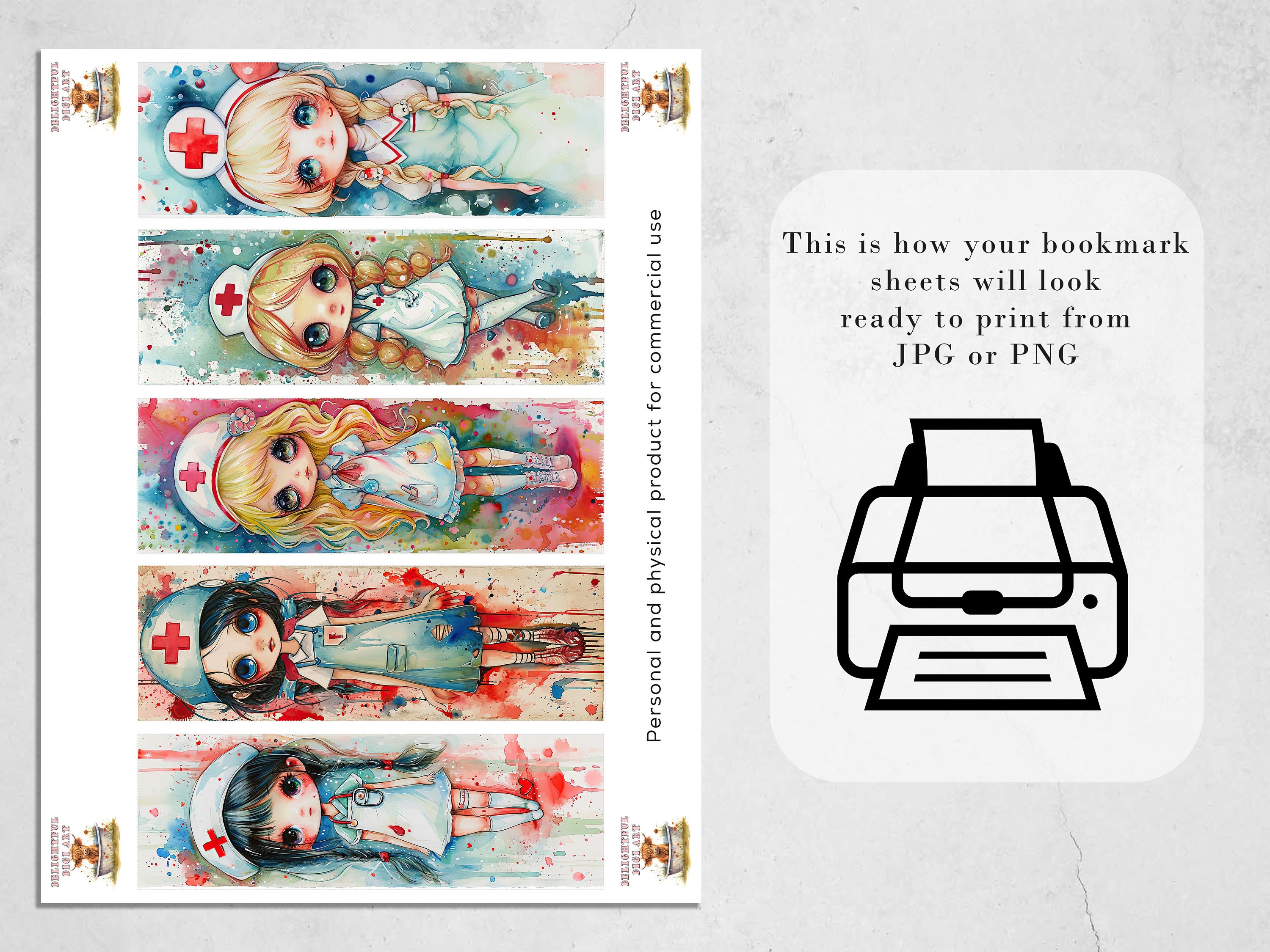 15 Chibi Nurses Watercolor Printable Bookmarks| Set of JPG Bookmarks ...