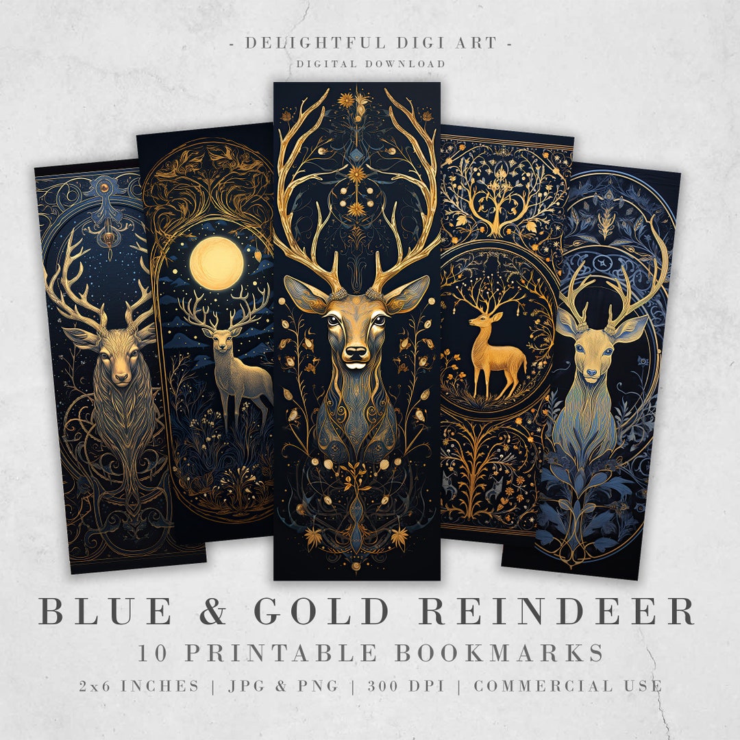 10 Gold Reindeer Printable Bookmarks | Digital Download JPG Bookmark ...