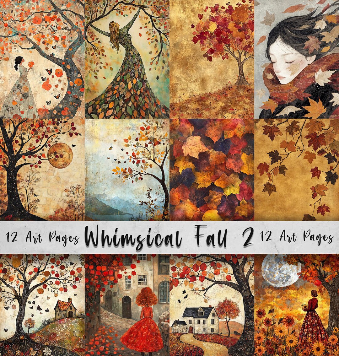 Whimsical Fall 2 Printable Art Pages, Quirky Art Pack, Mixed Media Art ...
