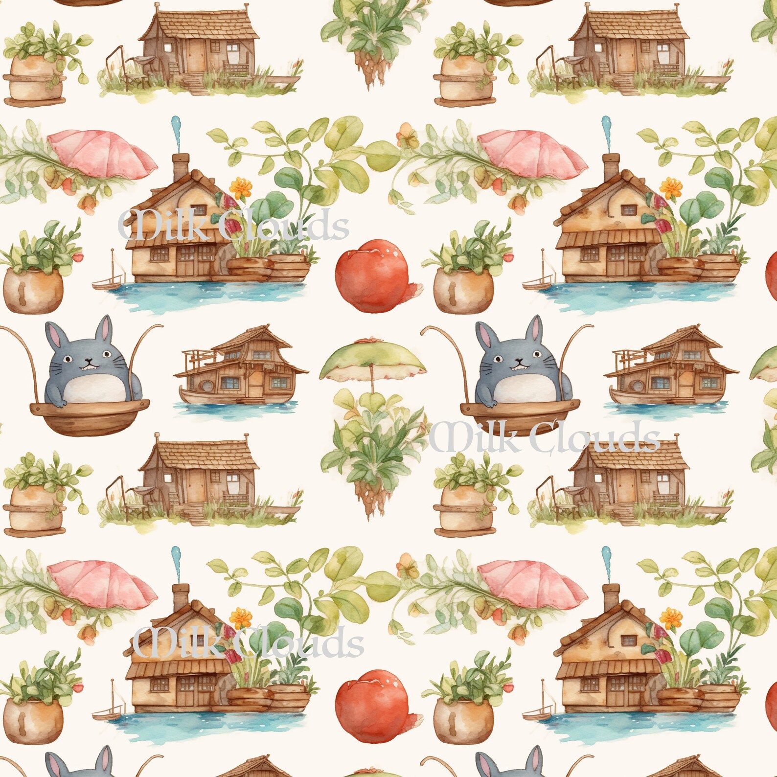 5 Studio Ghibli Inspired Seamless Pattern 1 Watercolor Digital Pattern ...