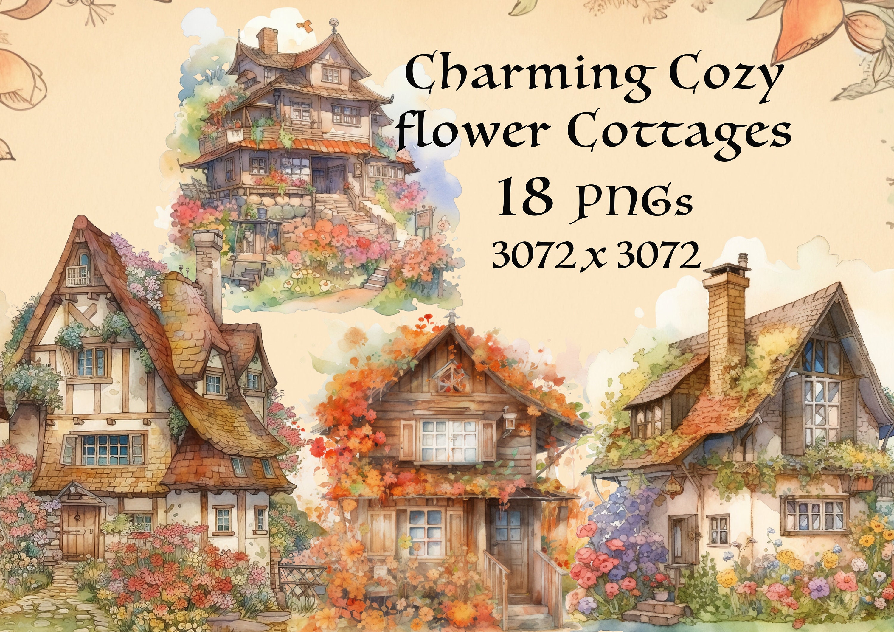 18 Spring Flower Cottages PNG. Spring. Floral Vintage Rustic Country ...