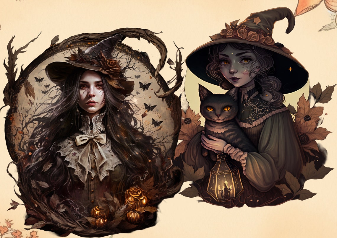 10 Portraits of Witches and Cats. Gothic Witch Witchcraft, Wicca Pagan ...