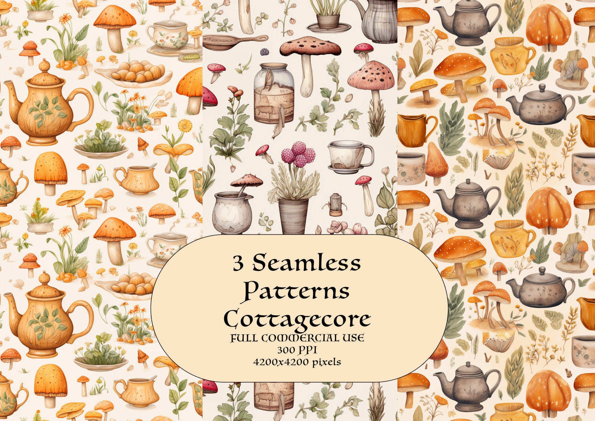 3 Cottagecore Patterns (pack 2). Watercolor SEAMLESS Patterns. Mushroom ...
