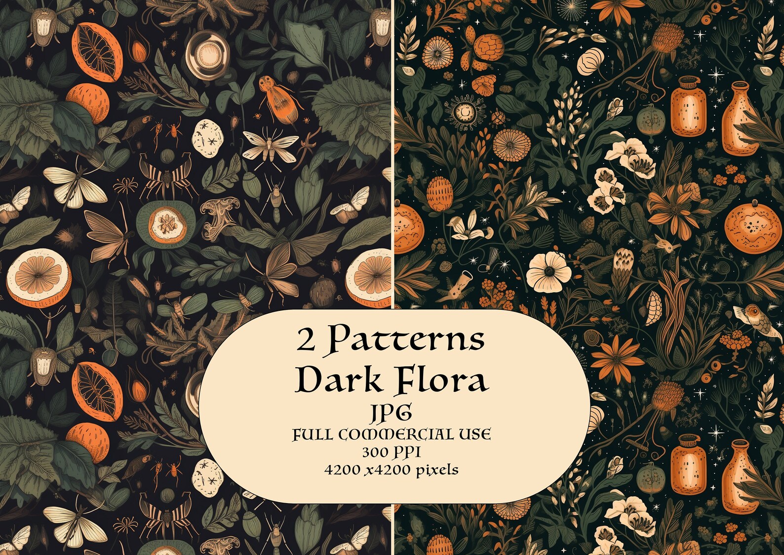 2 Dark Flora Patterns. Intrincate Plants and Insects SEAMLESS Patterns ...