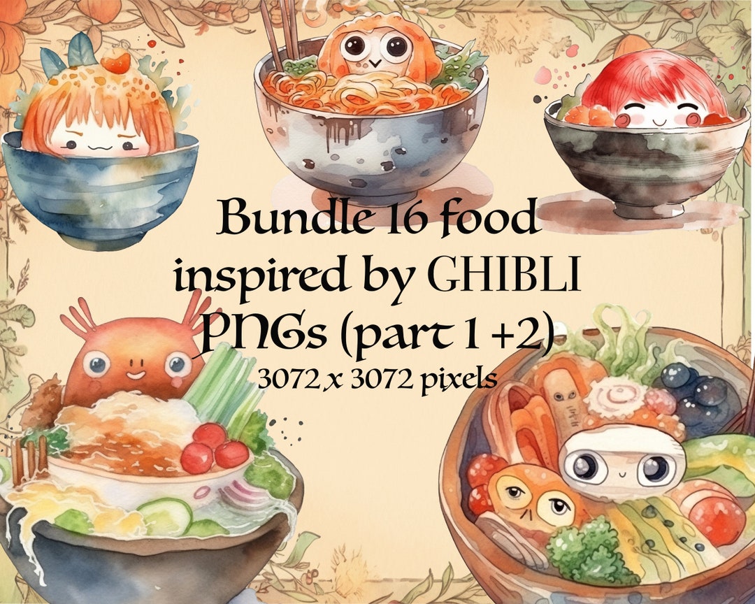 16 Comidas En Cuencos Inspirados En Studio Ghibli PNG (parte 1+2). Sopa Sushi. Ramen. Acuarela ...