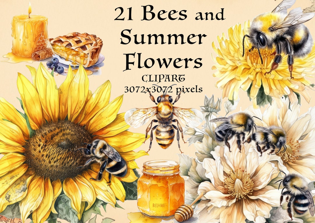 21 Clipart Bees and Summer Flowers Bundle. Cottagecore Watercolor PNG ...