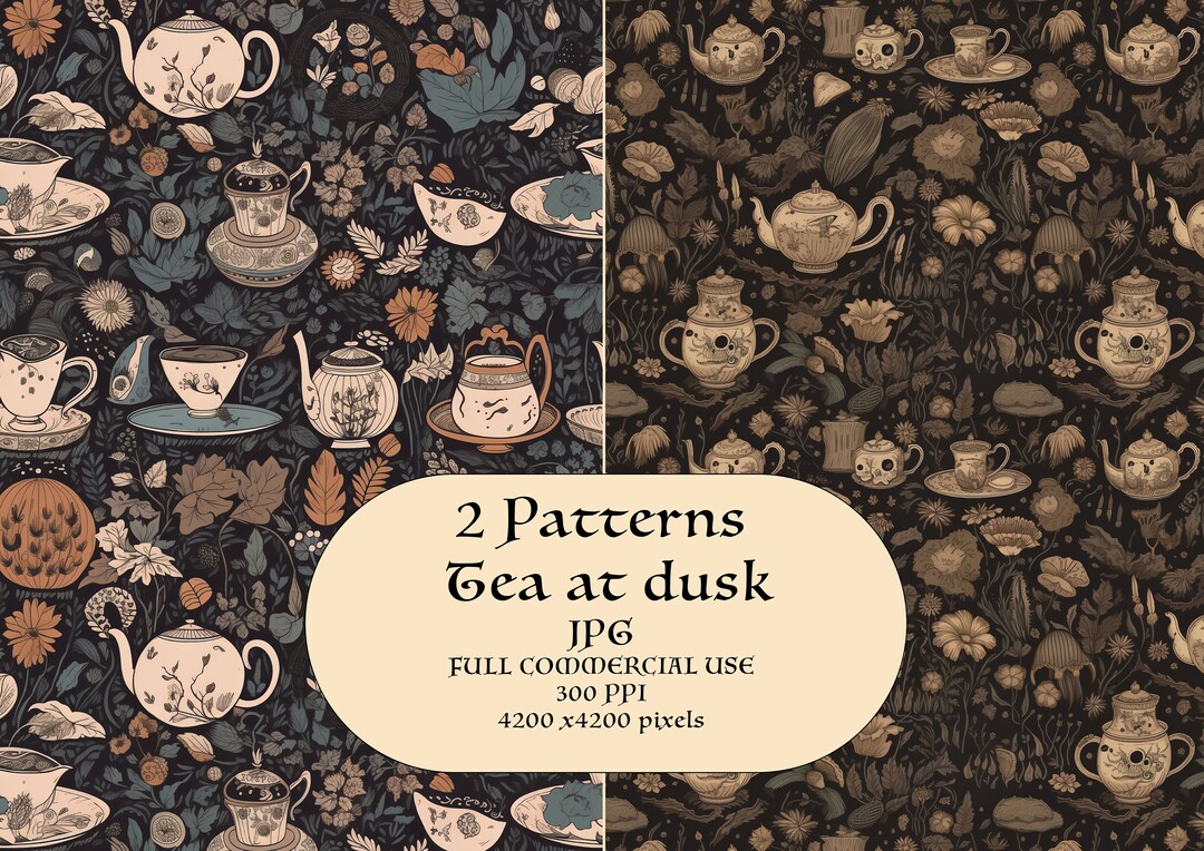 2 Dark Tea Time Patterns. Cups and Pots SEAMLESS Patterns. Decorative ...