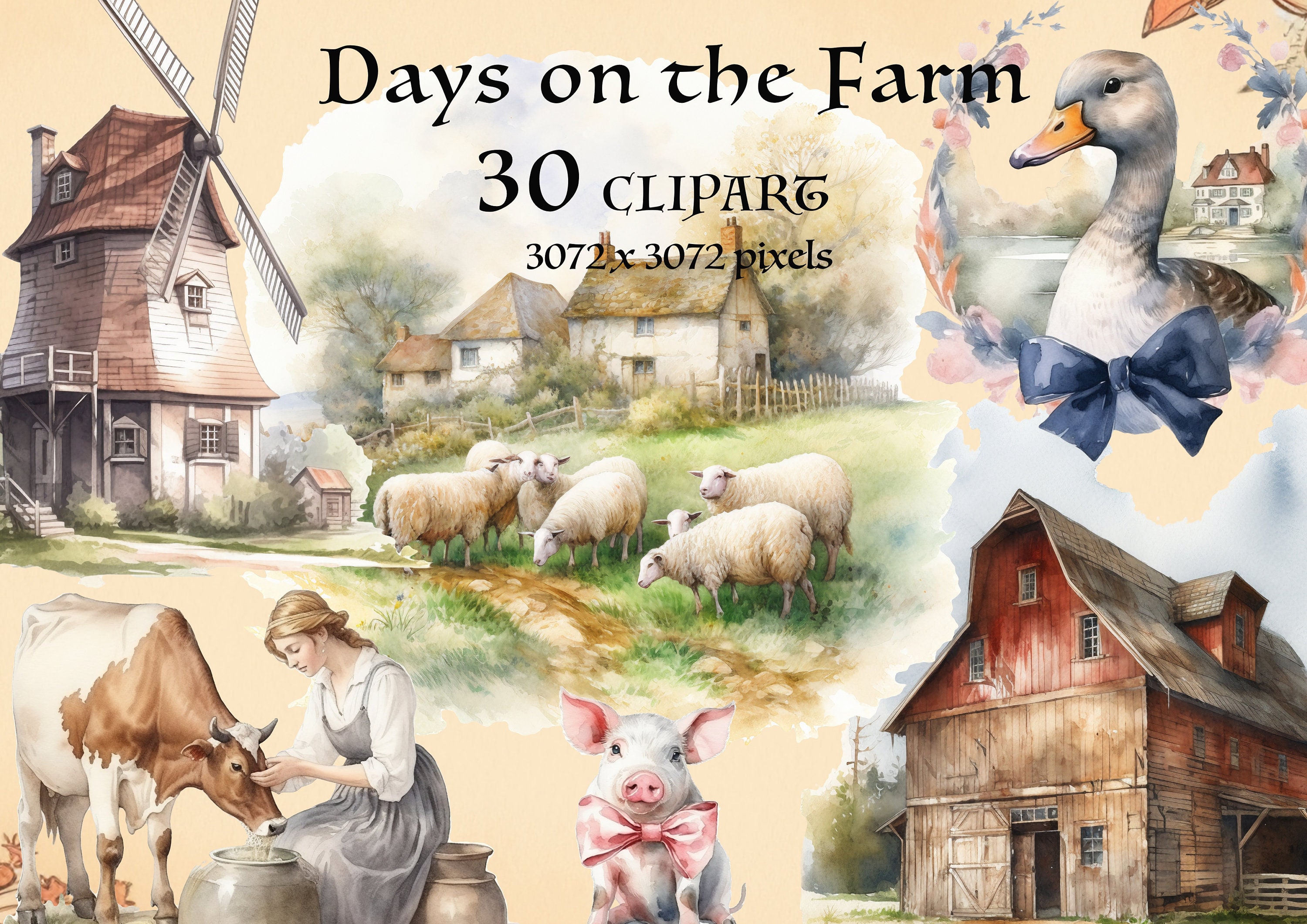30 Clipart Days on the Farm Bundle. Cottagecore Vintage PNG. Rustic ...