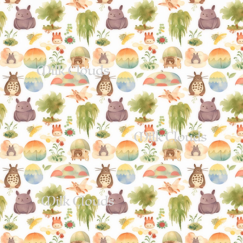 5 Studio Ghibli Inspired Seamless Pattern 1 Watercolor Digital Pattern ...