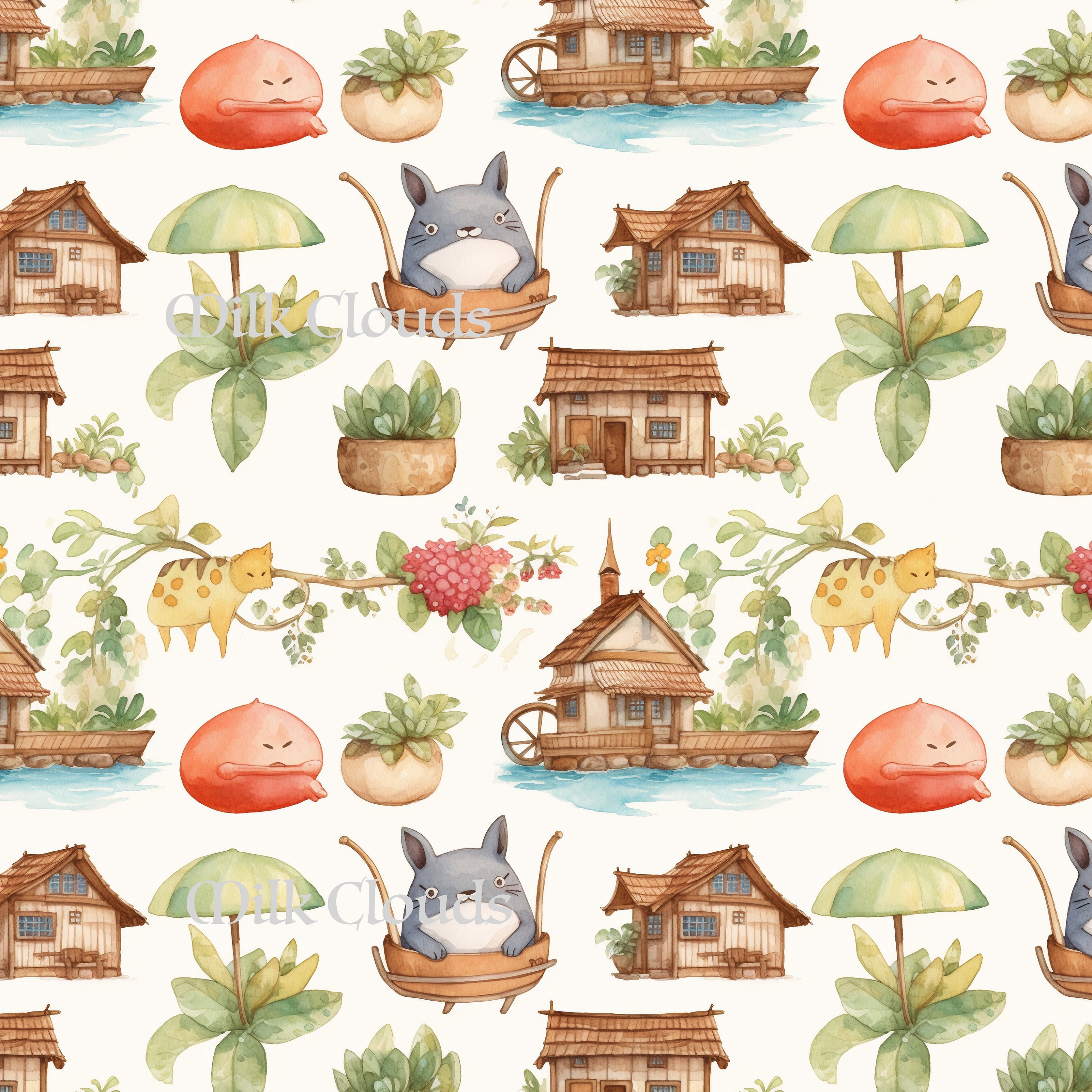 5 Studio Ghibli Inspired Seamless Pattern 1 Watercolor Digital Pattern ...