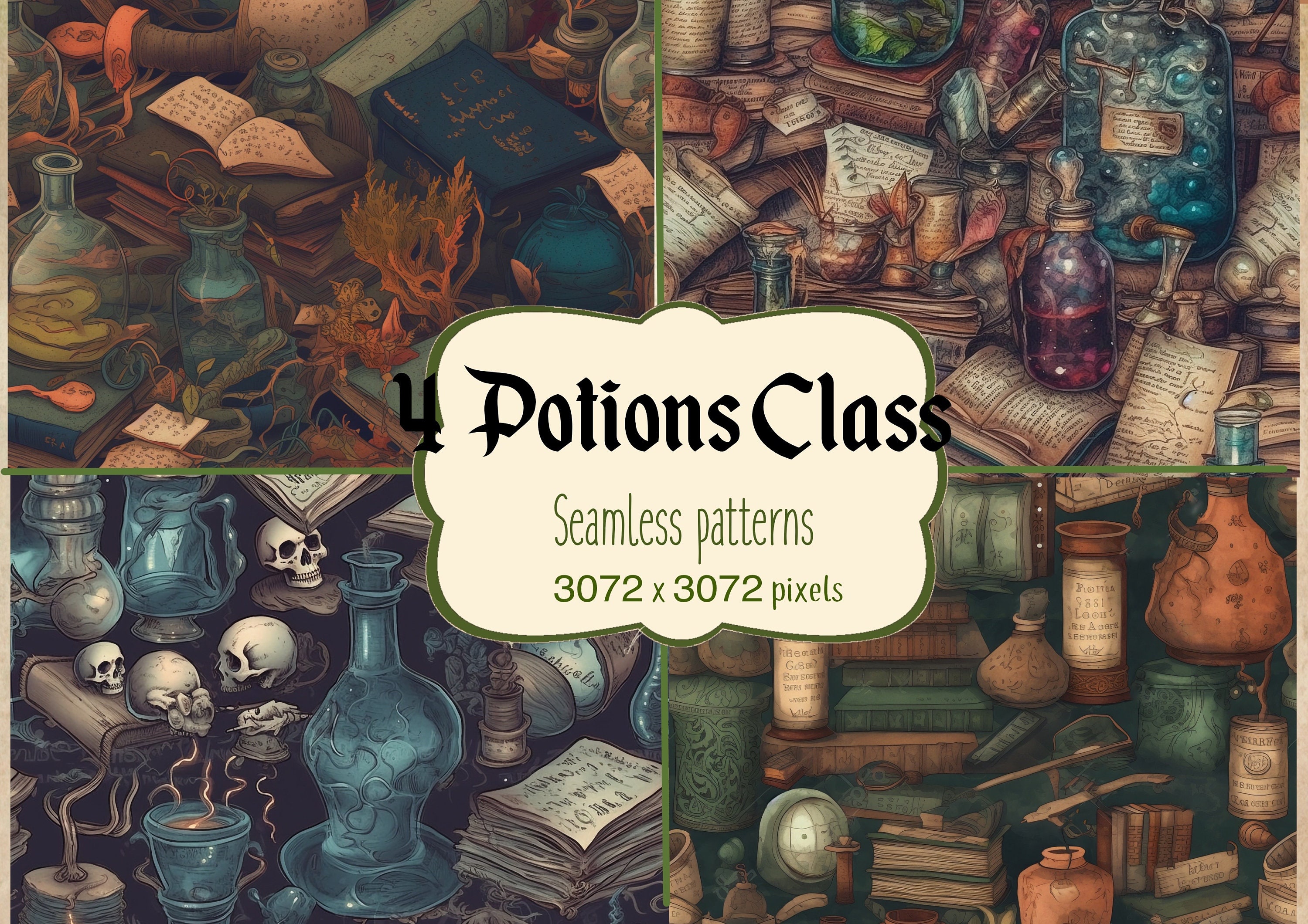 4 POTIONS CLASS Patterns. Wizard Digital SEAMLESS Patterns. Instant ...
