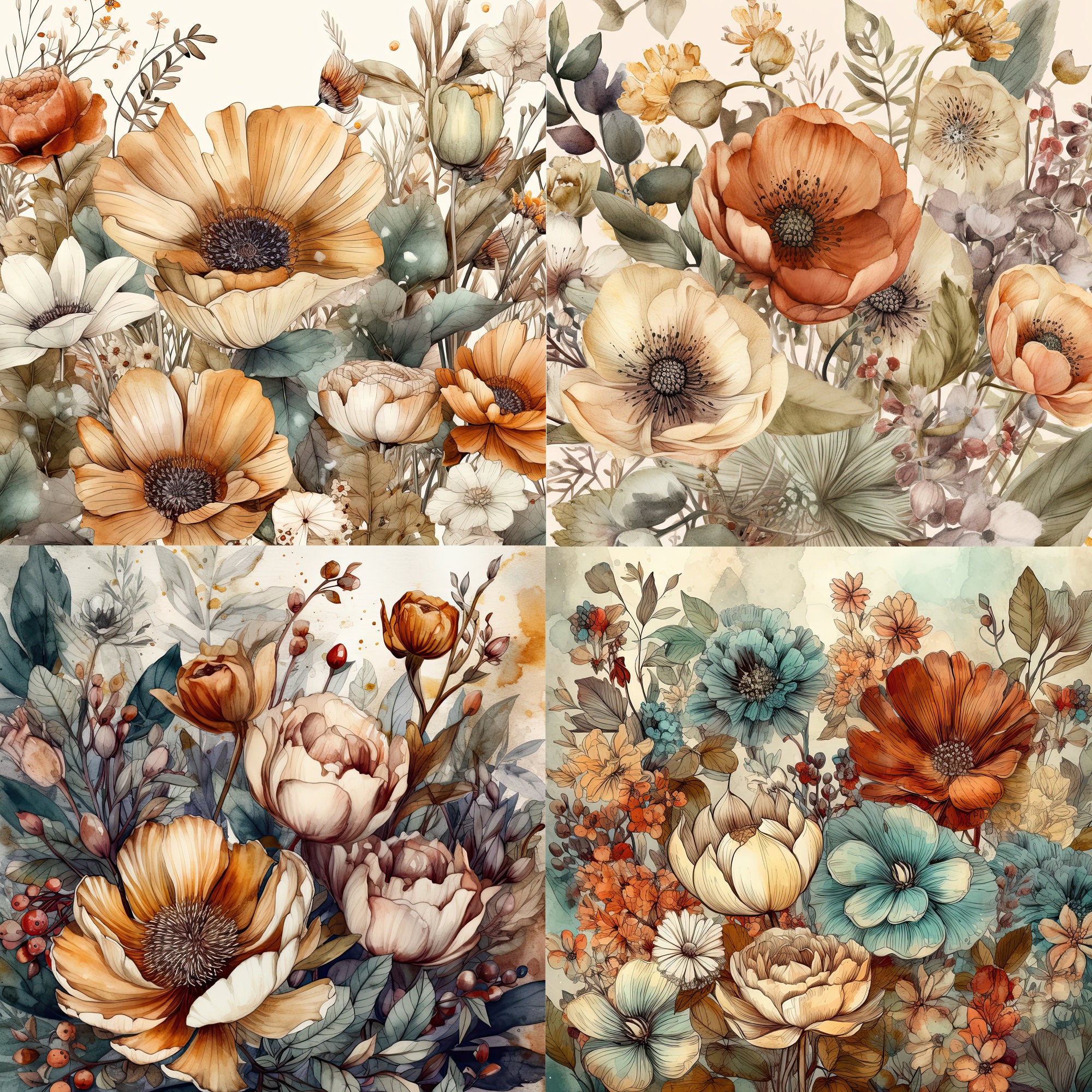 Boho Watercolor Flowers Digital Paper Junk Journal, Floral JPEG Digital ...