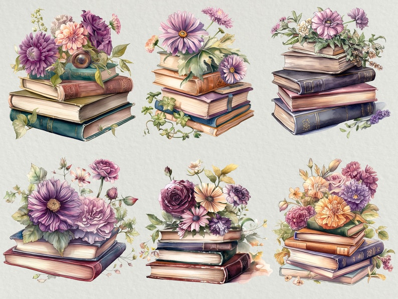 Floral Books Watercolor Clip Art Bundle PNG Commercial Use - Etsy