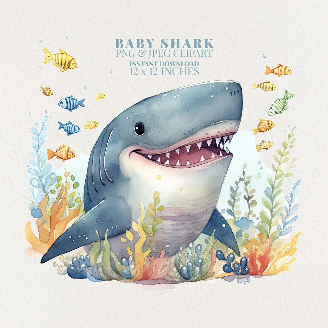 Baby Shark Watercolor PNG Commercial Use Clip Art, Baby Shark Birthday ...