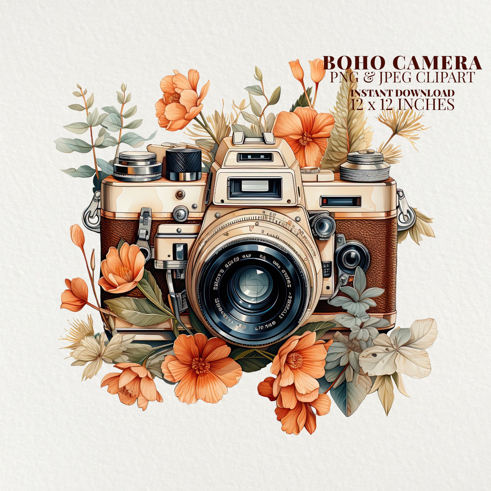 Boho Flowers Camera Watercolor PNG Commercial Use Clip Art, Photography ...
