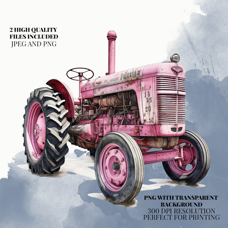 Pink Farm Tractor Watercolor PNG Commercial Use Clip Art, Tractor Girl ...