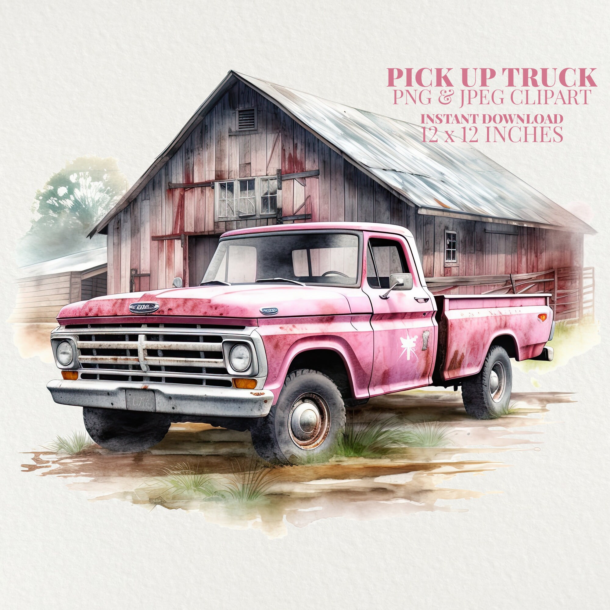 Pink Farm Truck Watercolor PNG Commercial Use Clip Art, Pickup Truck ...