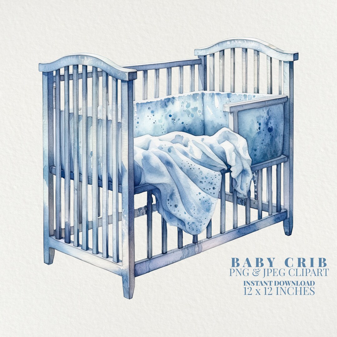 Blue Baby Crib Watercolor PNG Commercial Use Clip Art, Baby Shower PNG ...