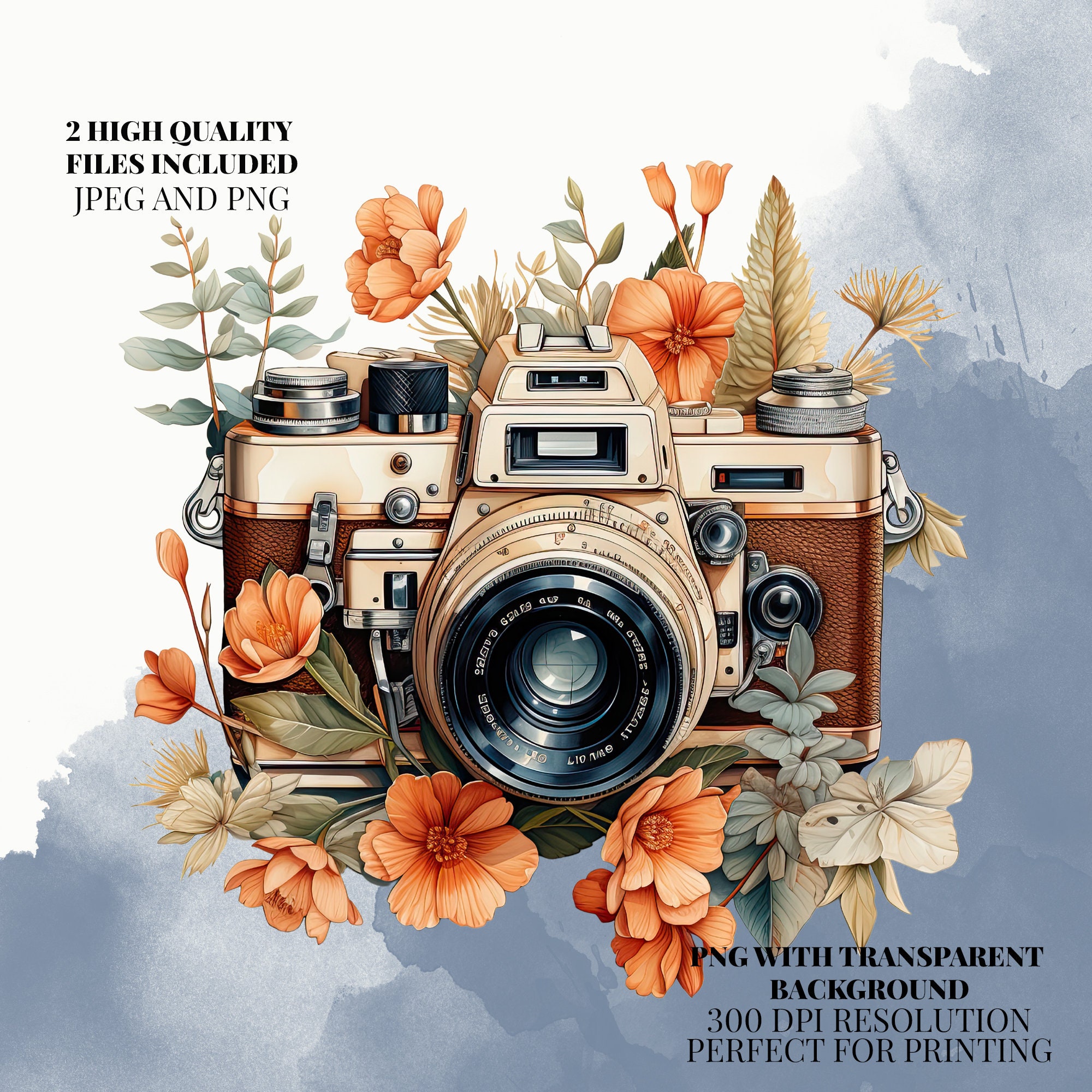 Boho Flowers Camera Watercolor PNG Commercial Use Clip Art, Photography ...