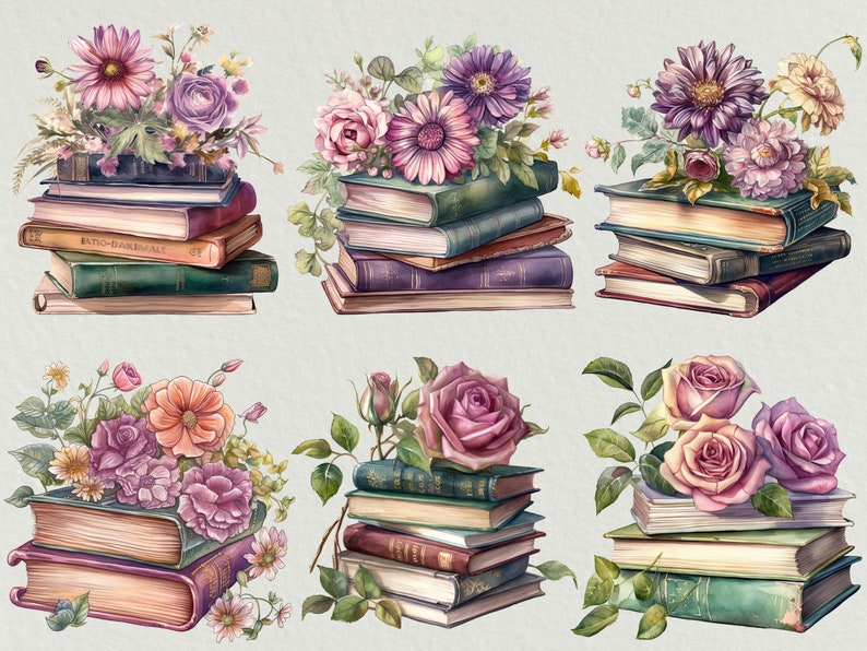 Floral Books Watercolor Clip Art Bundle PNG Commercial Use - Etsy