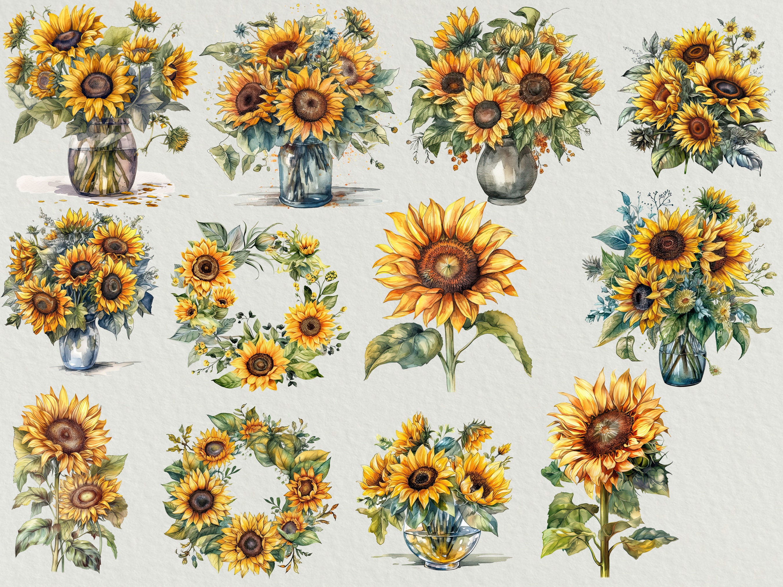 Watercolor Sunflower PNG Commercial Use Clip Art Bundle Set - Etsy