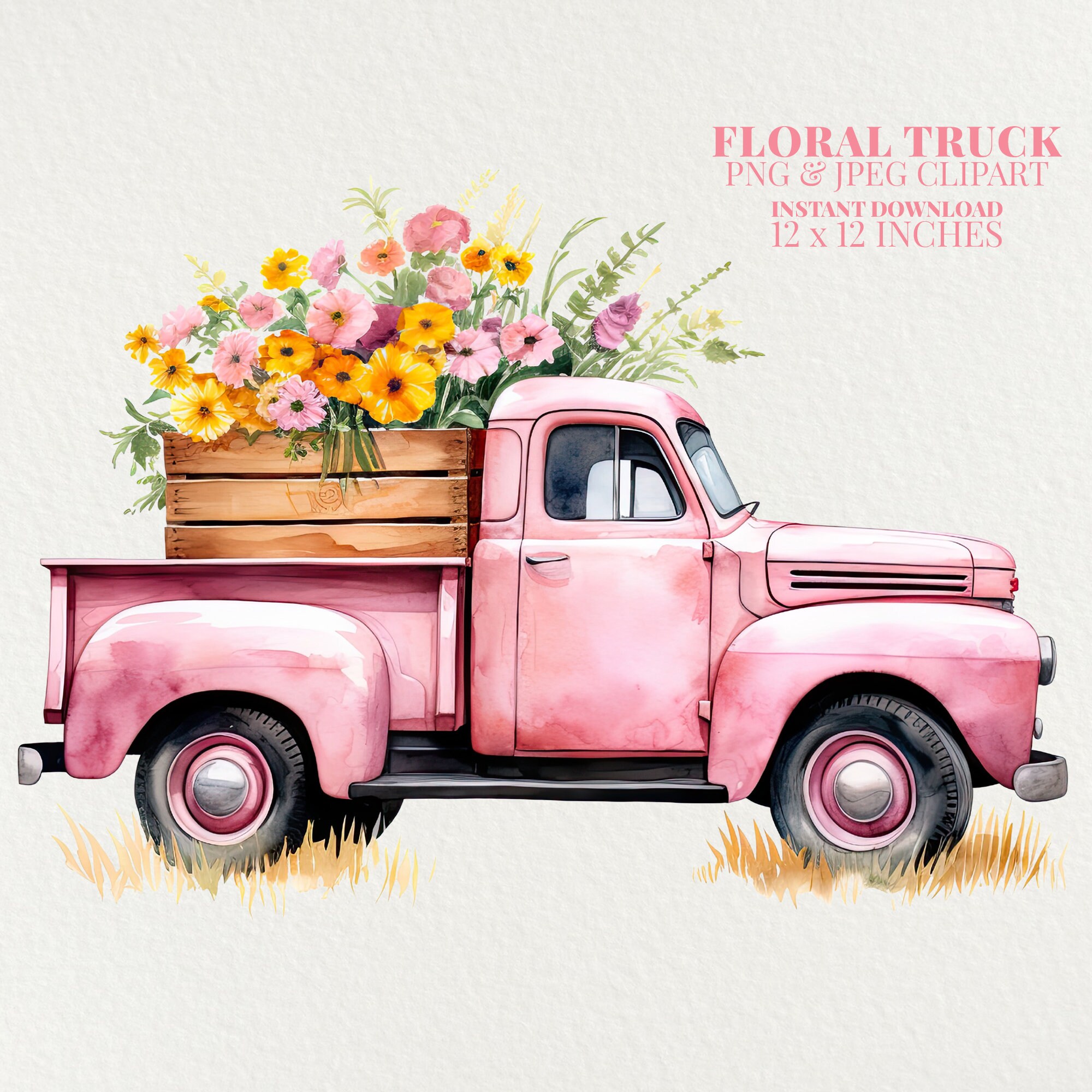 Pink Floral Truck Watercolor PNG Commercial Use Clip Art, Pickup Truck ...