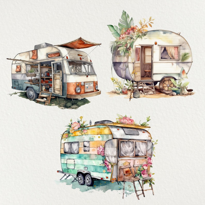 Watercolor Caravan Bundle PNG Commercial Use Clip Art, Camper Van ...