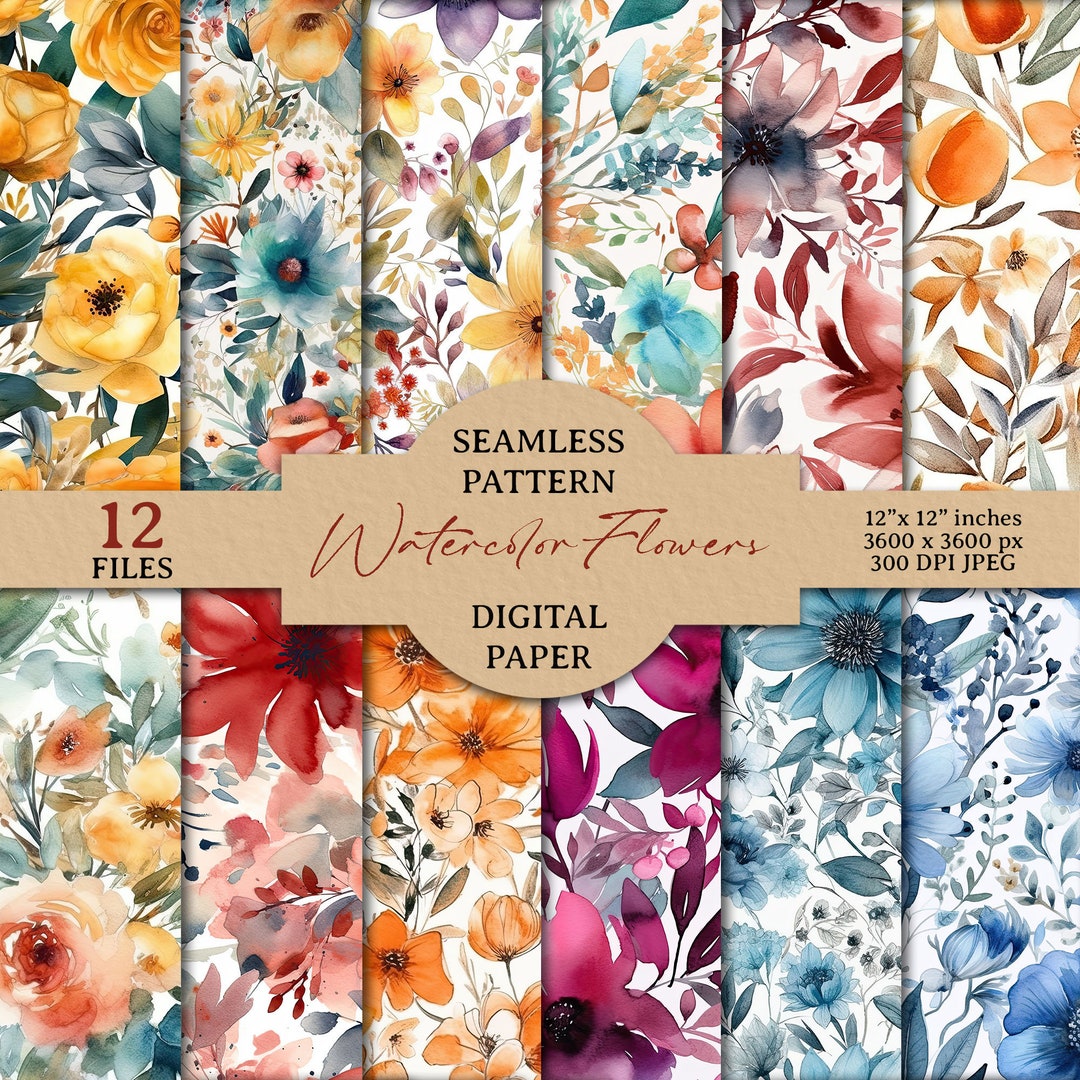 Watercolor Flowers Digital Paper Junk Journal, Seamless Pattern ...
