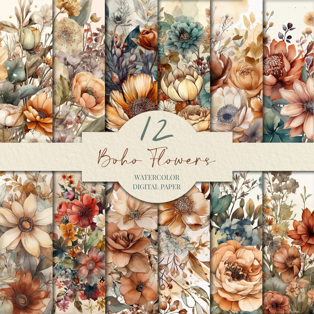 Boho Watercolor Flowers Digital Paper Junk Journal, Floral JPEG Digital ...