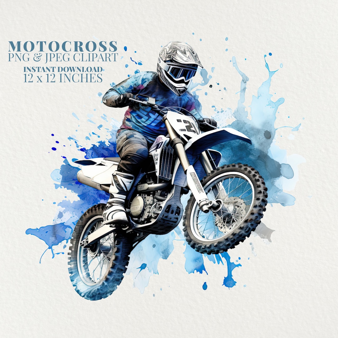 Motocross Watercolor PNG Commercial Use Clip Art, Blue Motocross Bike ...