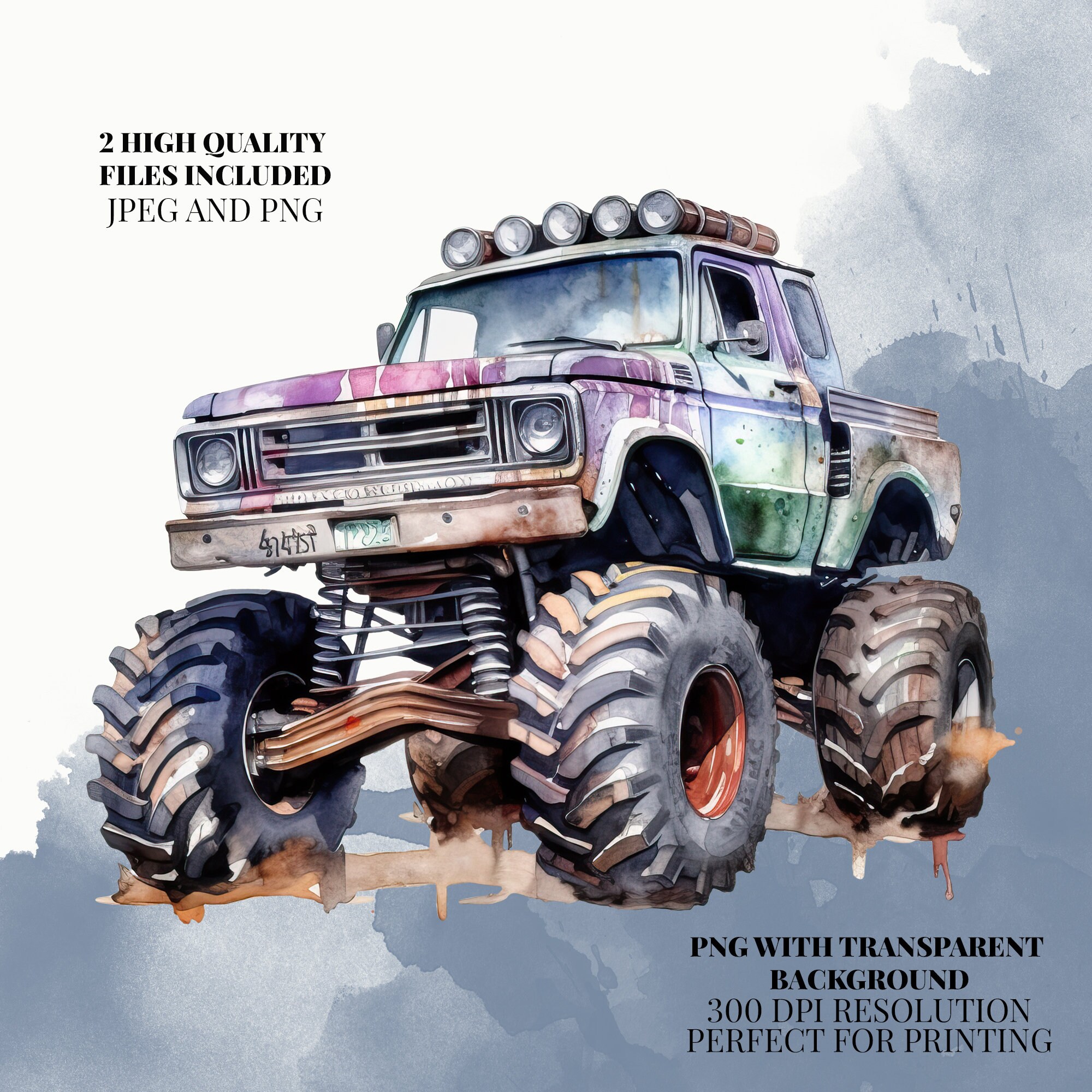 Monster Truck Watercolor PNG Commercial Use Clip Art, Purple Monster ...