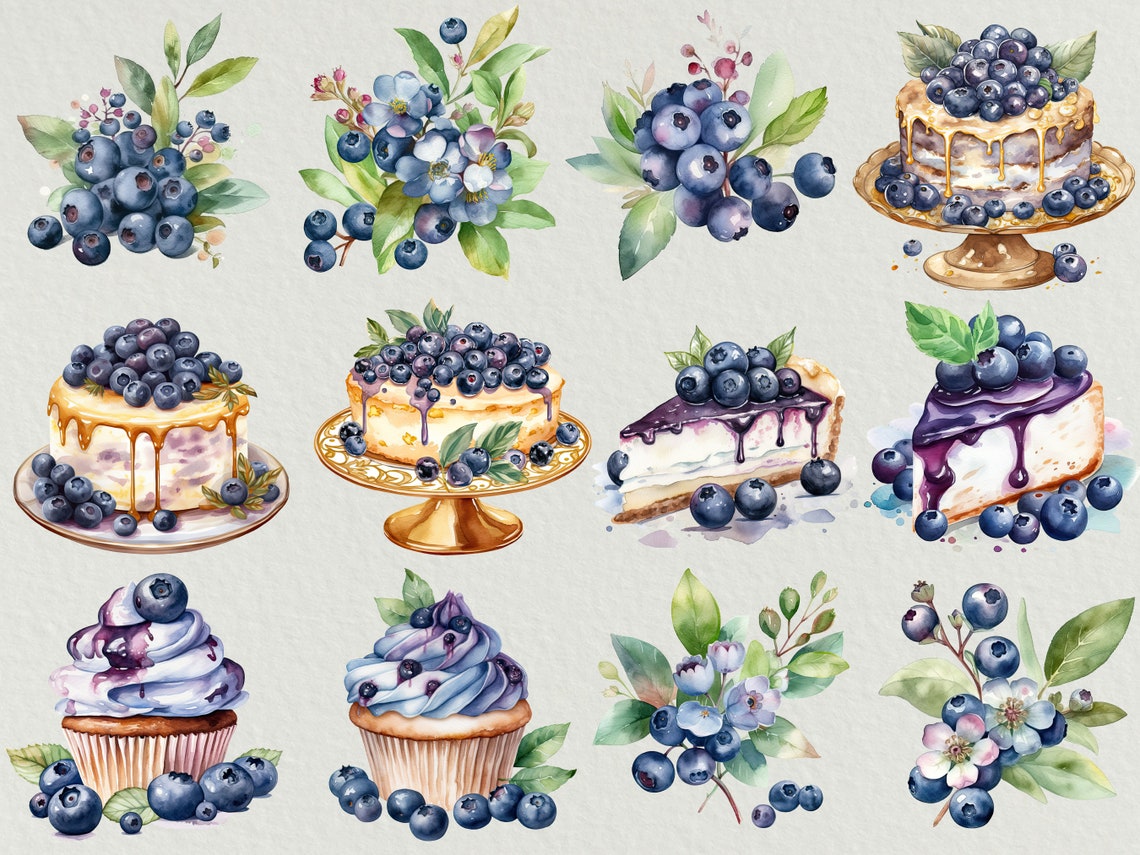 Watercolor Blueberry Clip Art Bundle PNG Commercial Use Set - Etsy