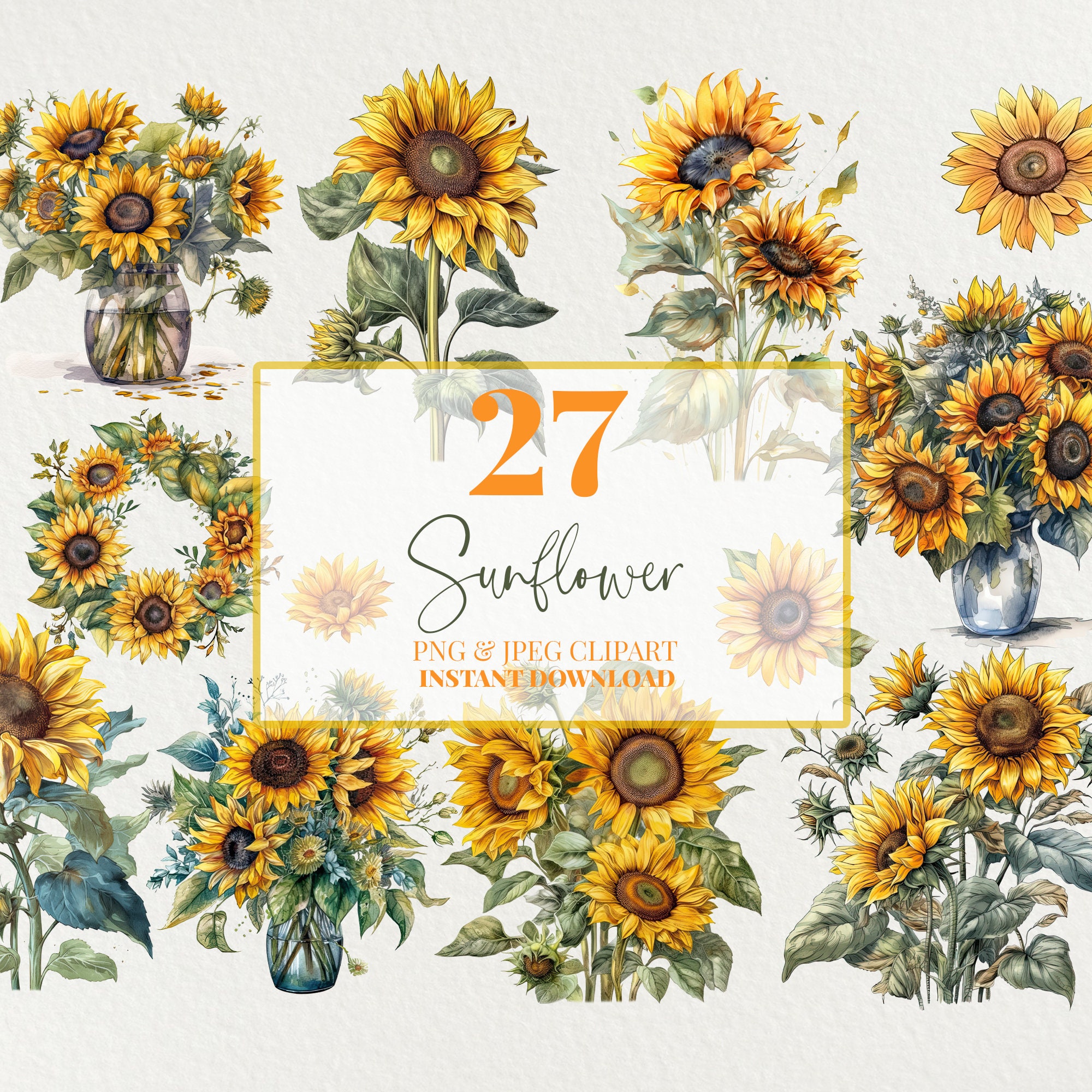 Watercolor Sunflower PNG Commercial Use Clip Art Bundle Set - Etsy