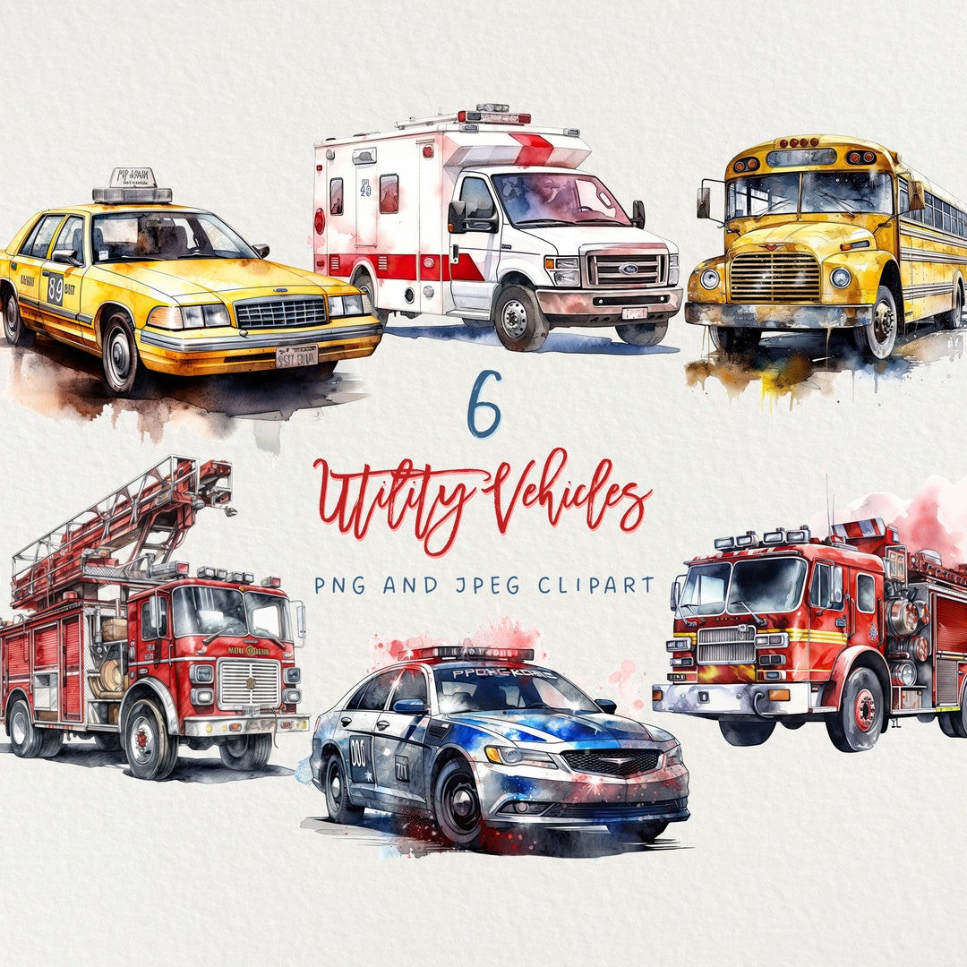Utility Vehicles Bundle Watercolor PNG Commercial Use Clip Art, Set of ...