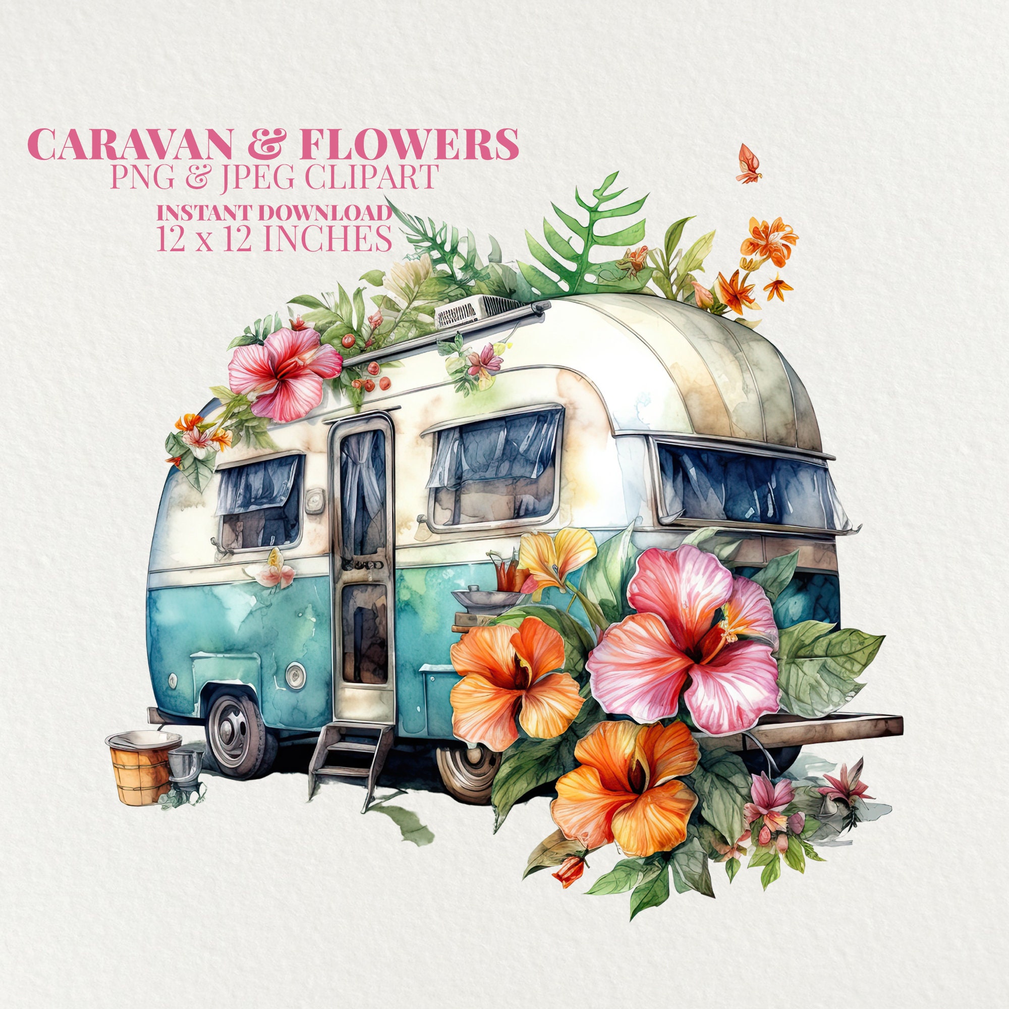 Watercolor Caravan Tropical Flowers PNG Commercial Use Clip Art, Camper ...