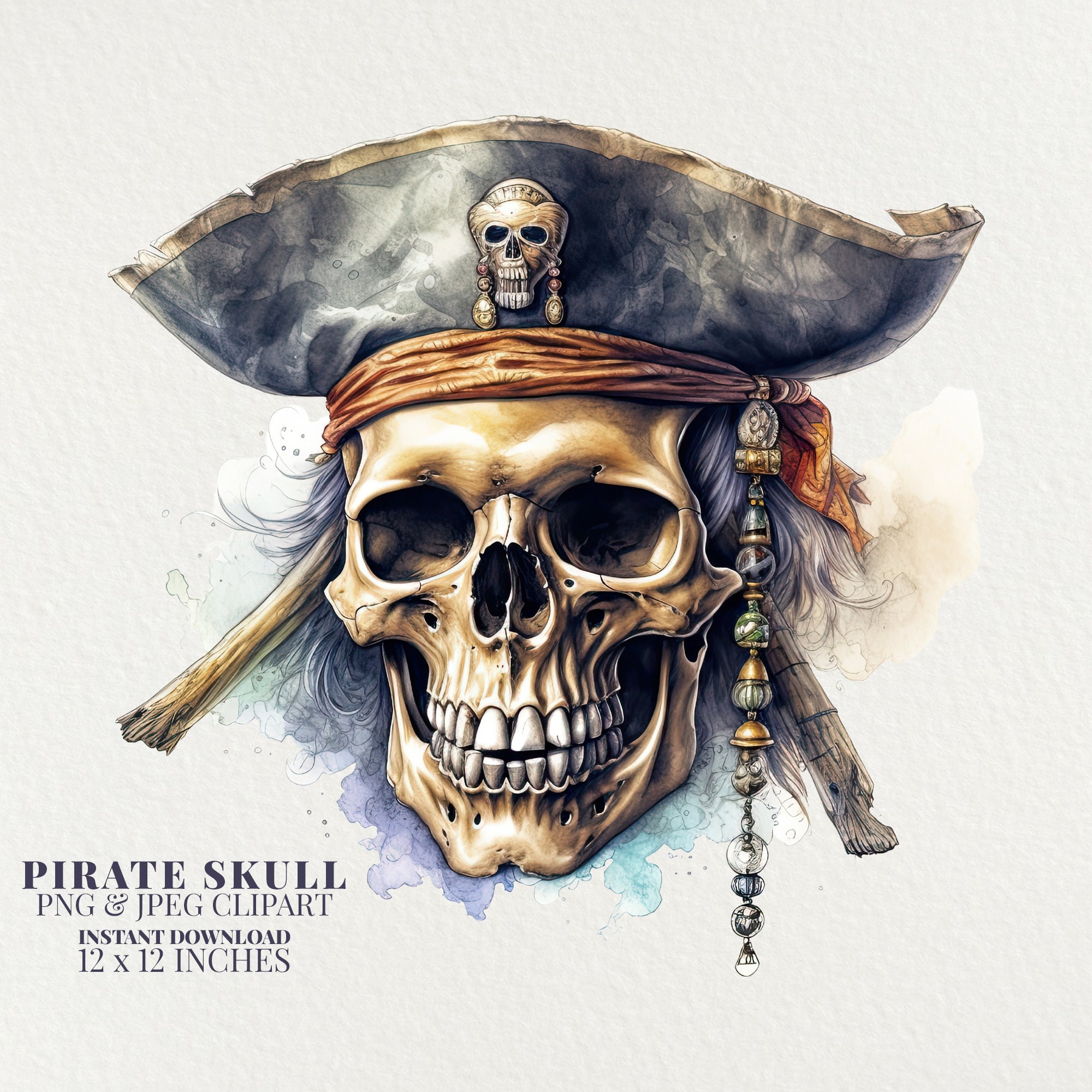Pirate Skull Watercolor PNG Commercial Use Clip Art, Pirate Hat PNG ...