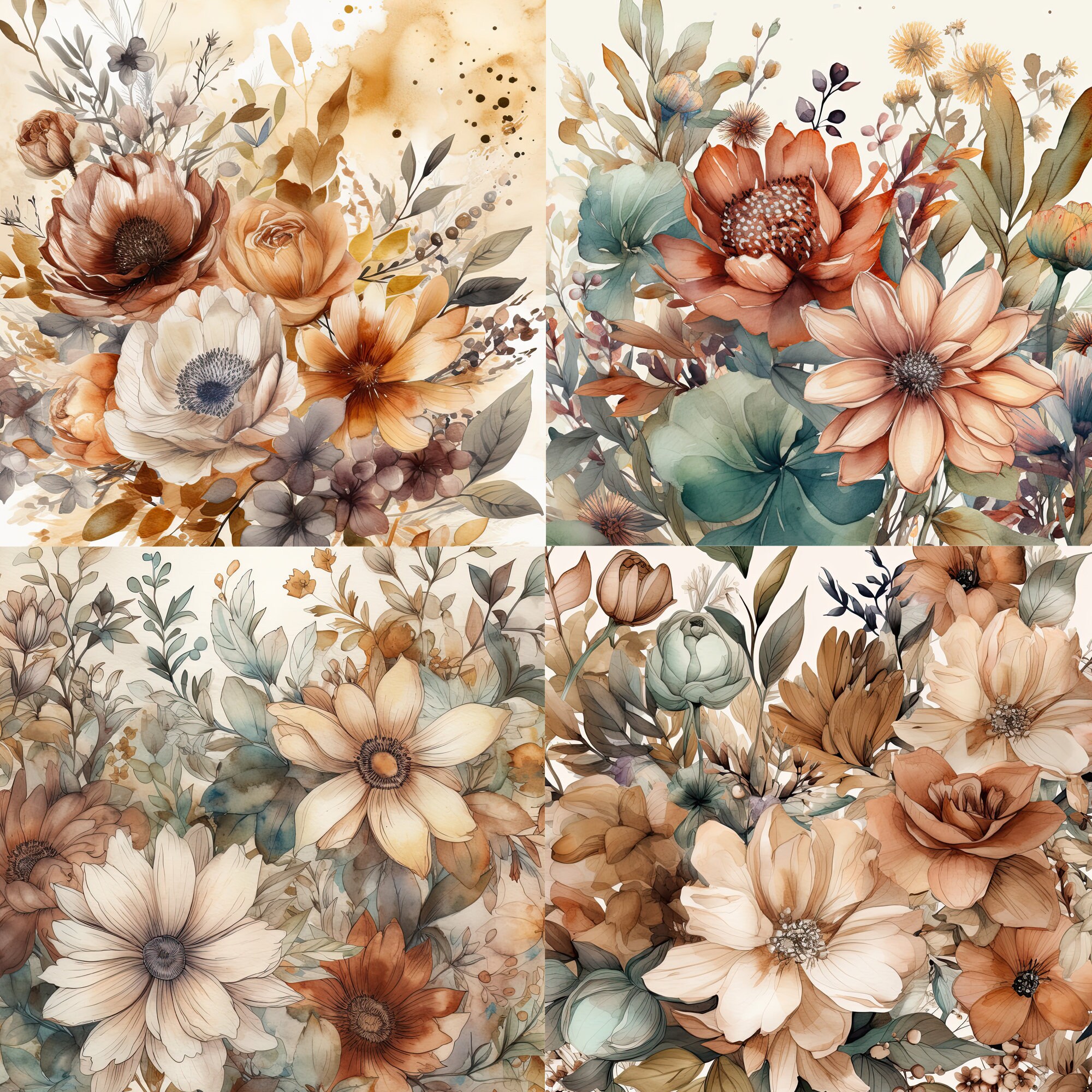 Boho Watercolor Flowers Digital Paper Junk Journal, Floral JPEG Digital ...