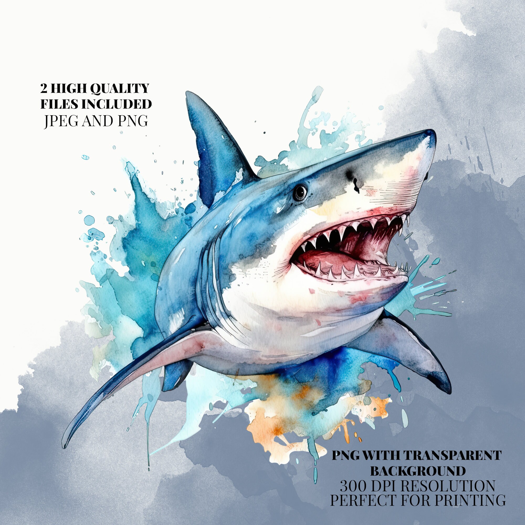 Shark Watercolor PNG Commercial Use Clip Art, Sea Art Clipart PNG ...