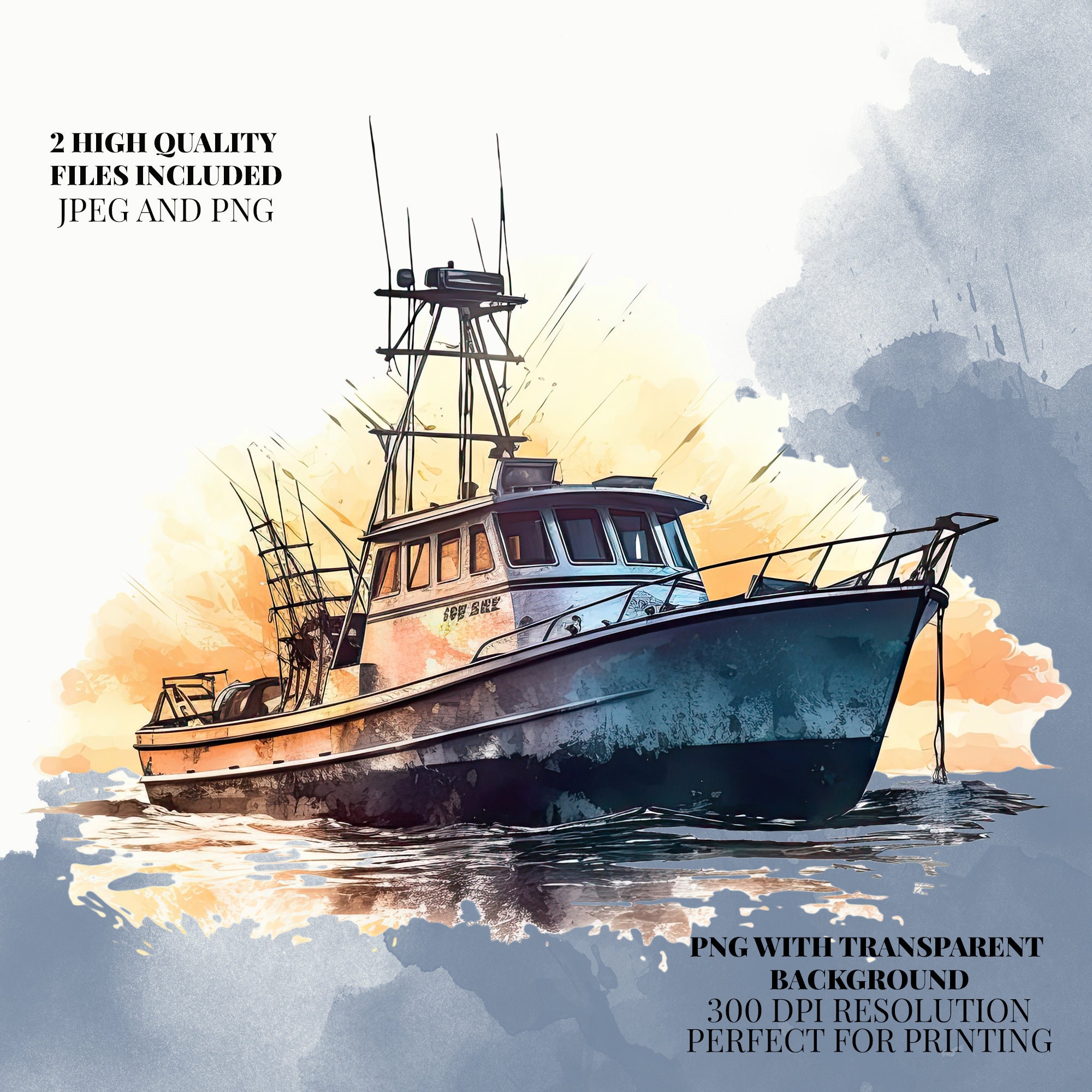 Fishing Boat Watercolor PNG Commercial Use Clip Art Fisherman - Etsy