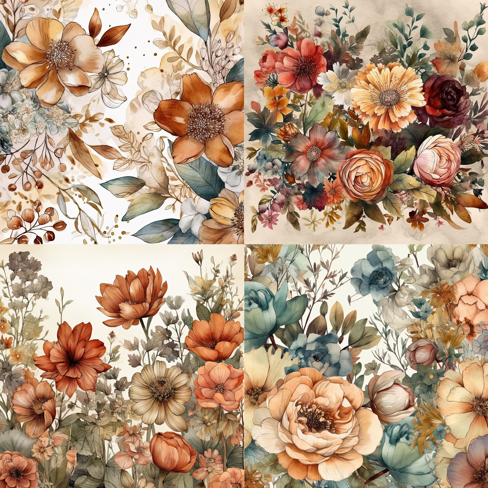 Boho Watercolor Flowers Digital Paper Junk Journal, Floral JPEG Digital ...