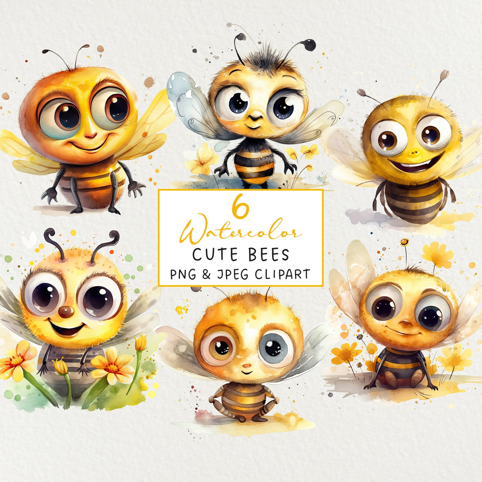 Cute Bee Watercolor PNG Commercial Use Clip Art, 6 High Quality Clipart ...