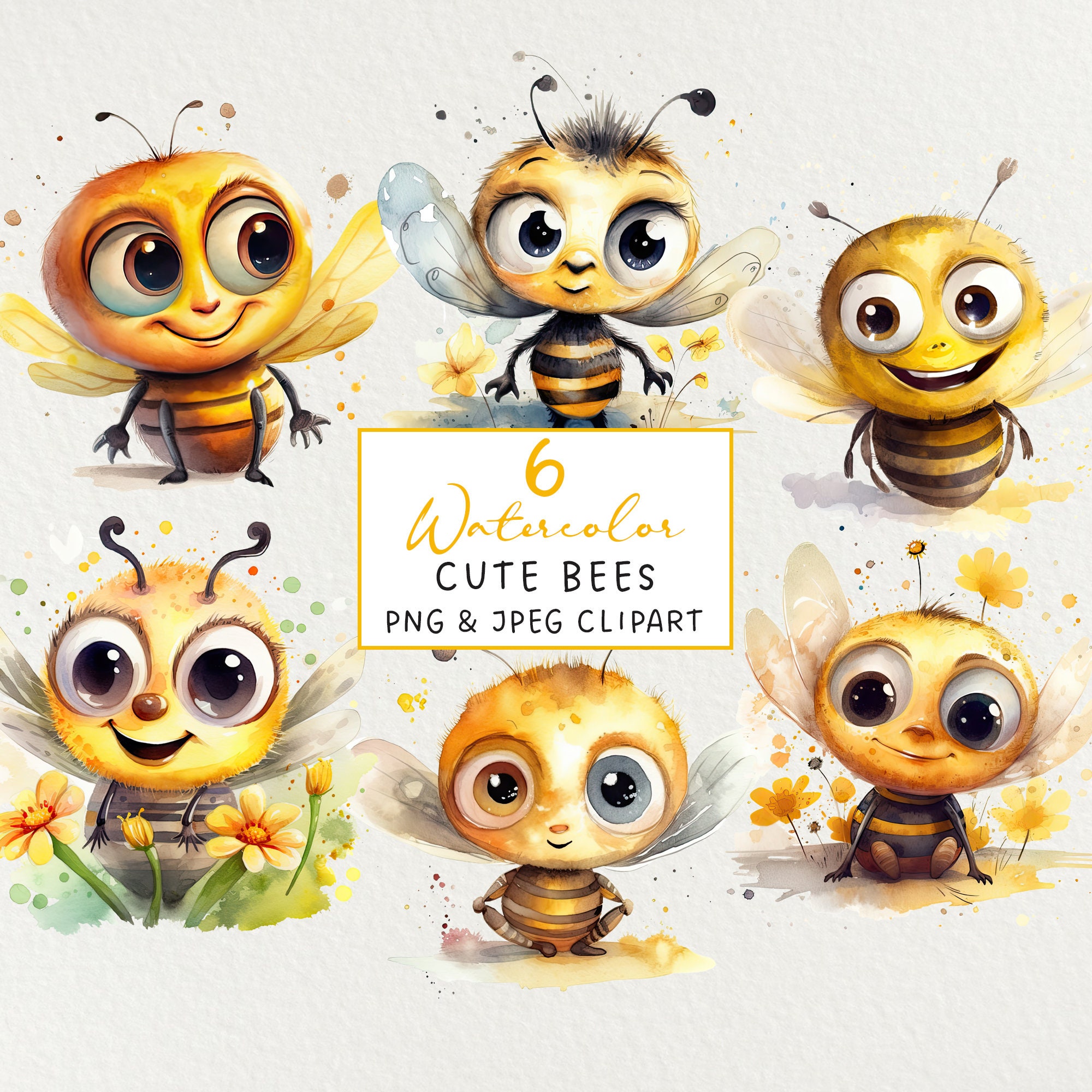 Cute Bee Watercolor PNG Commercial Use Clip Art, 6 High Quality Clipart ...