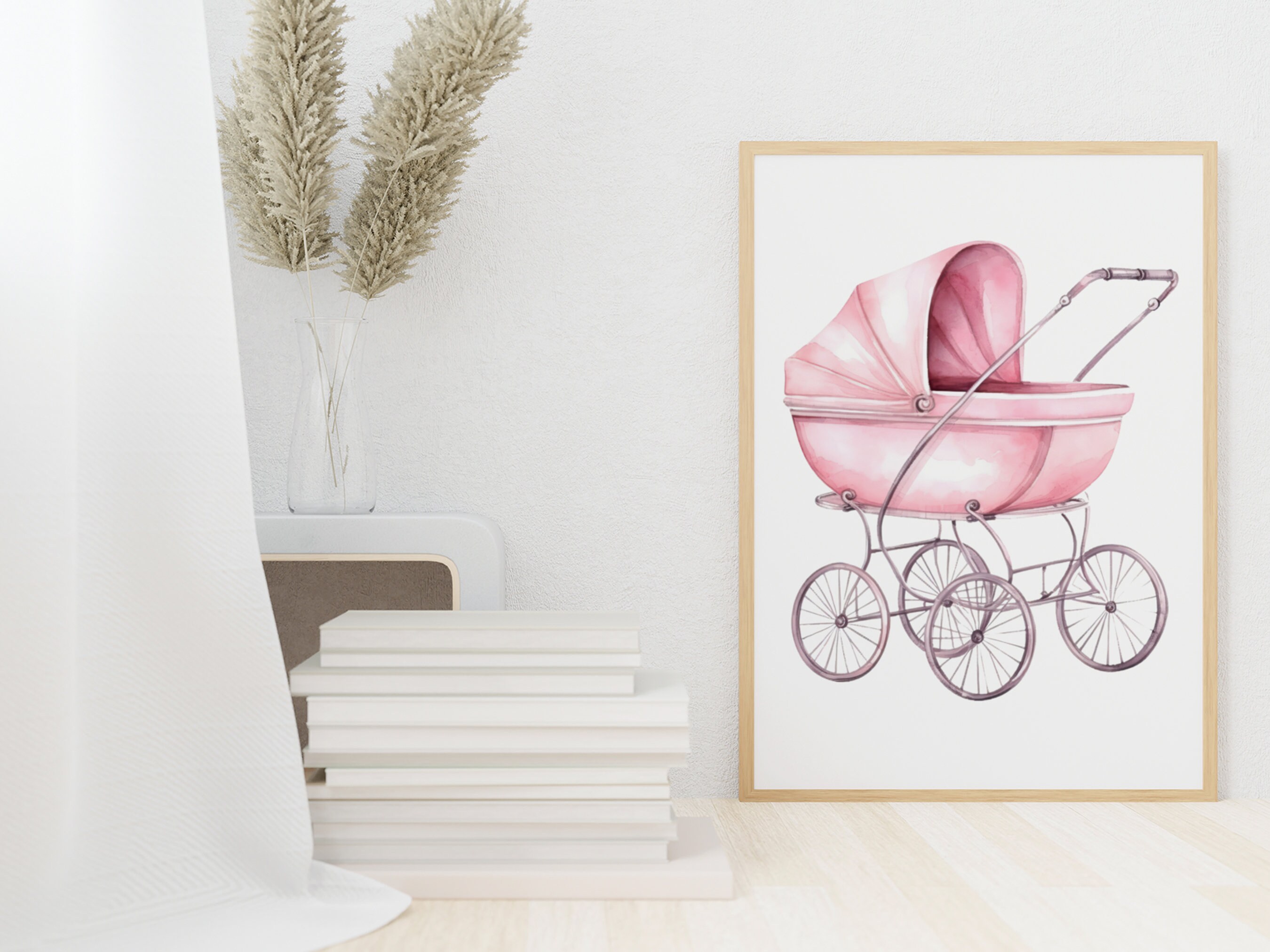 Pink Baby Buggy Watercolor PNG Commercial Use Clip Art, Baby Carriage ...