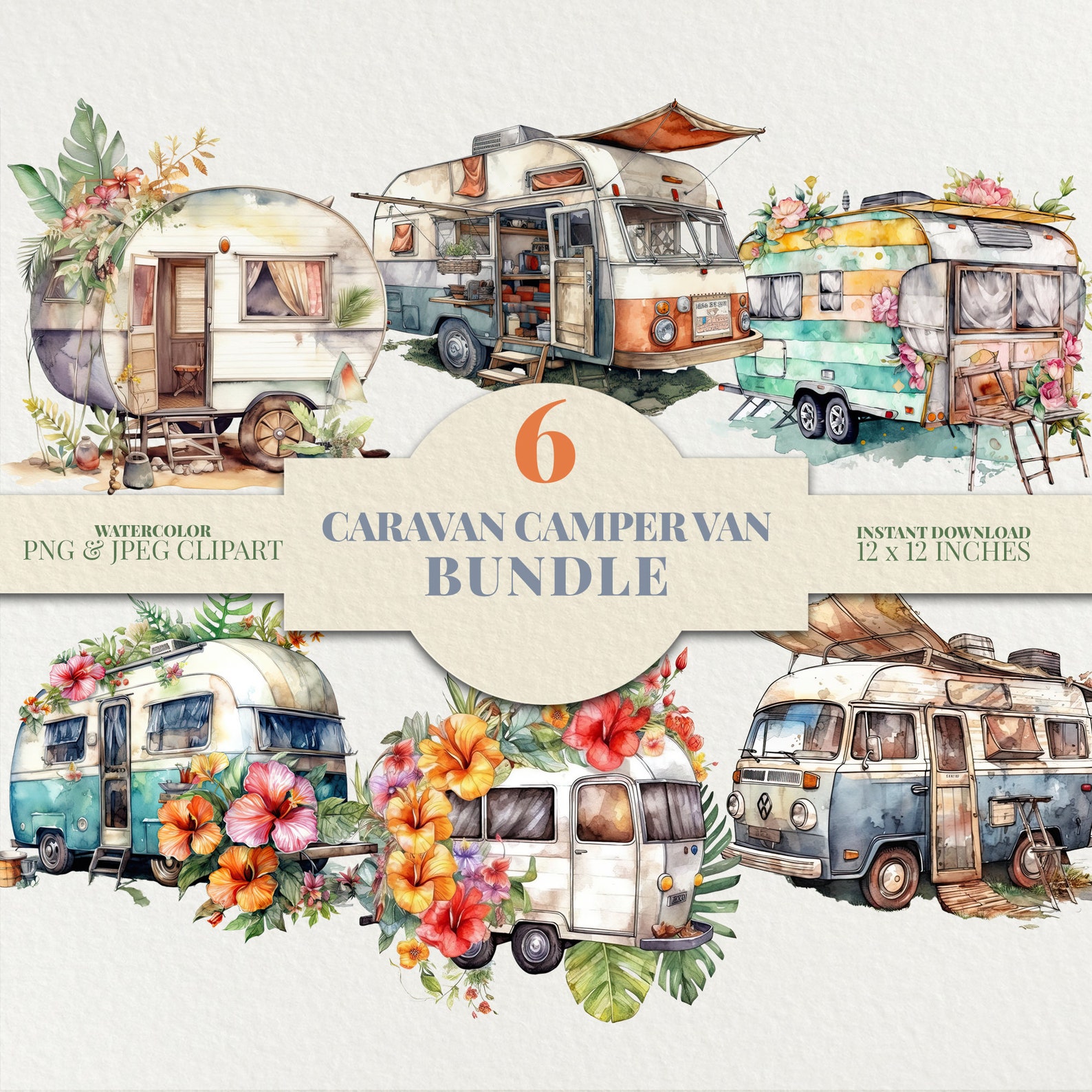 Watercolor Caravan Bundle PNG Commercial Use Clip Art, Camper Van ...