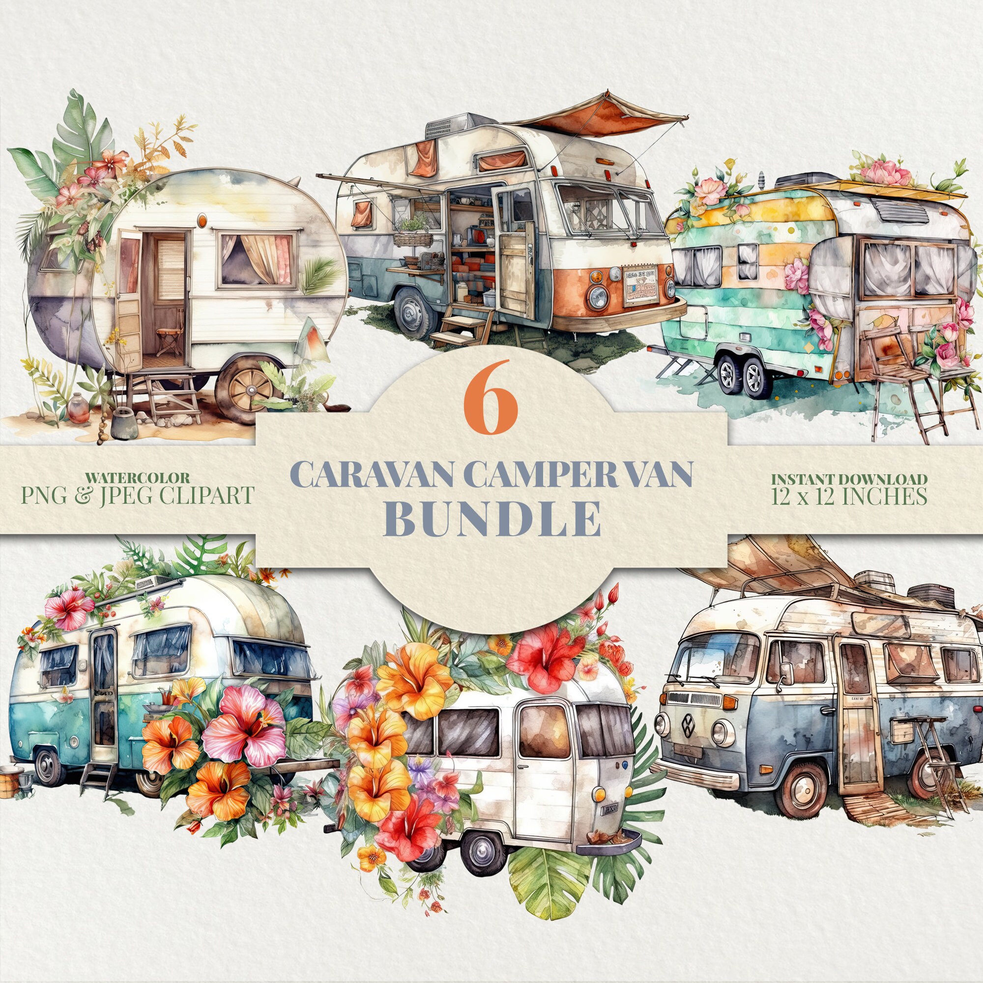 Watercolor Caravan Bundle PNG Commercial Use Clip Art, Camper Van ...