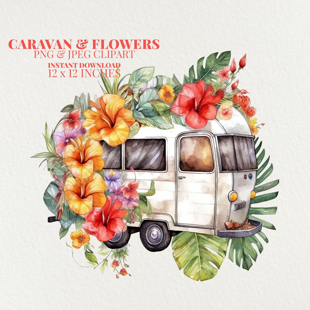 Watercolor Caravan Tropical Flowers PNG Commercial Use Clip Art, Camper ...