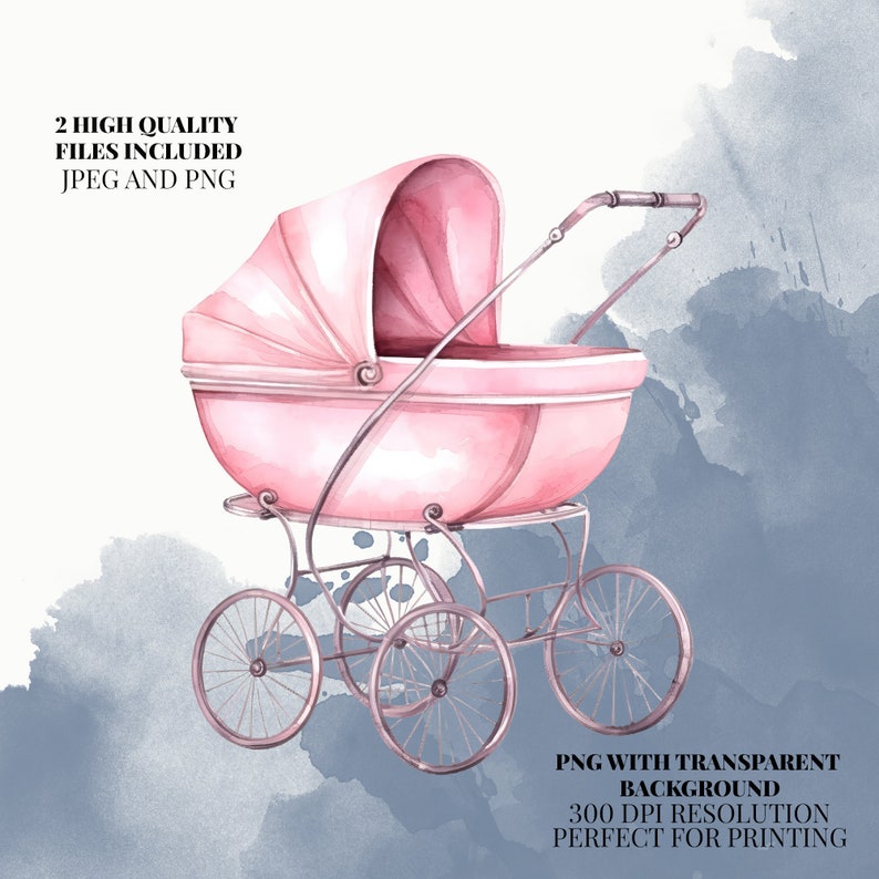 Pink Baby Buggy Watercolor PNG Commercial Use Clip Art, Baby Carriage ...