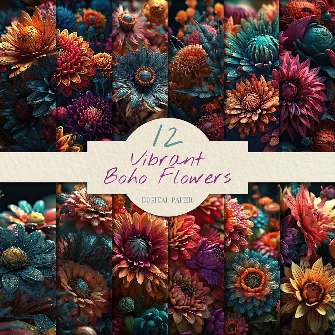 Boho Vibrant Flowers Digital Paper Junk Journal, Floral JPEG Digital ...