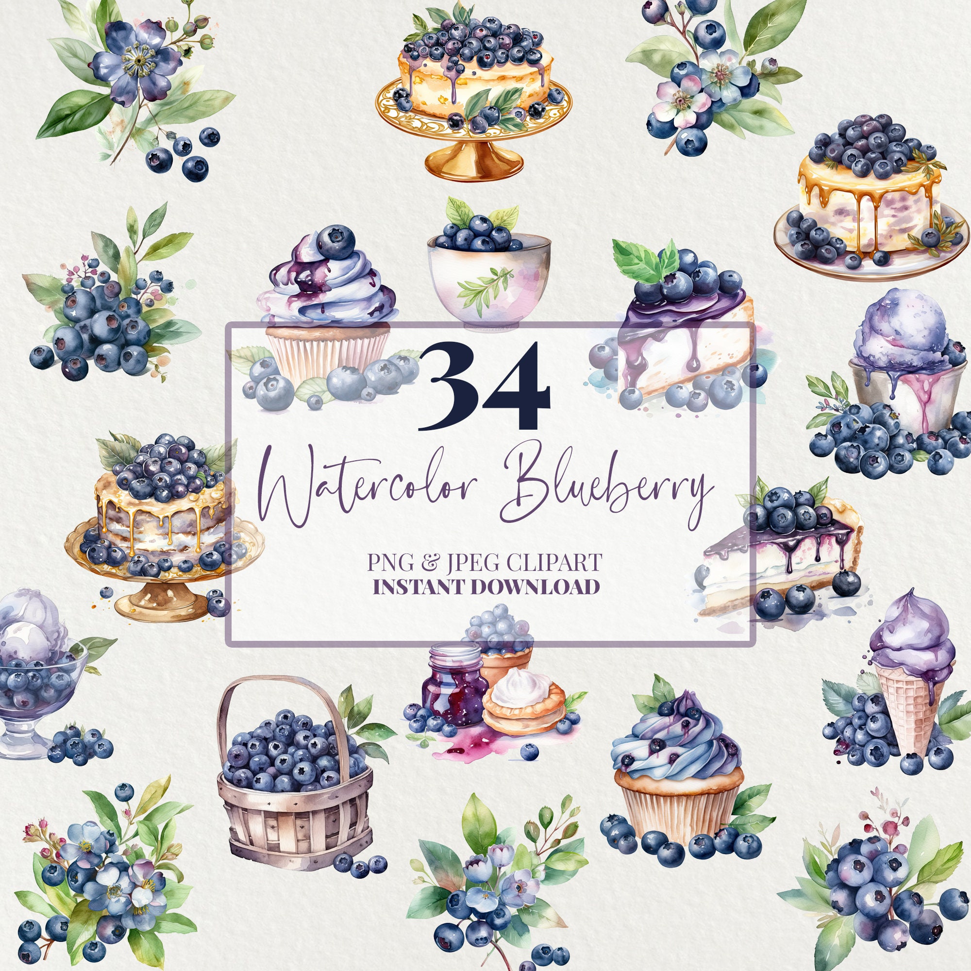 Watercolor Blueberry Clip Art Bundle PNG Commercial Use, Set of 34 High ...